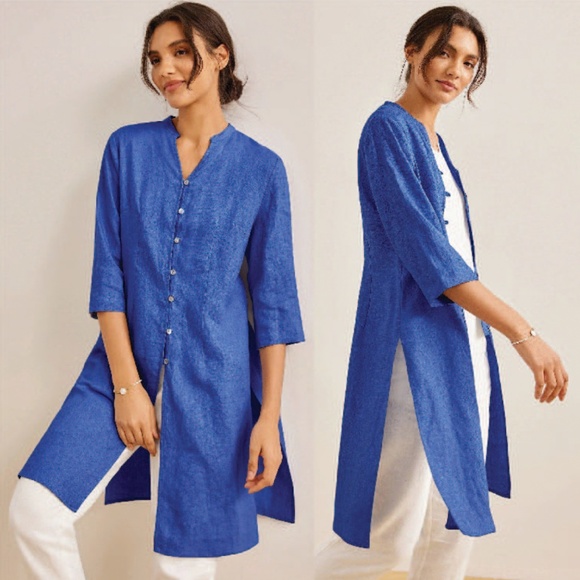 Lintico | Tops | Nwt Lintico 0 Linen Hand Button 34 Sleeves Long Top Dillon Size L Royal Blue ...